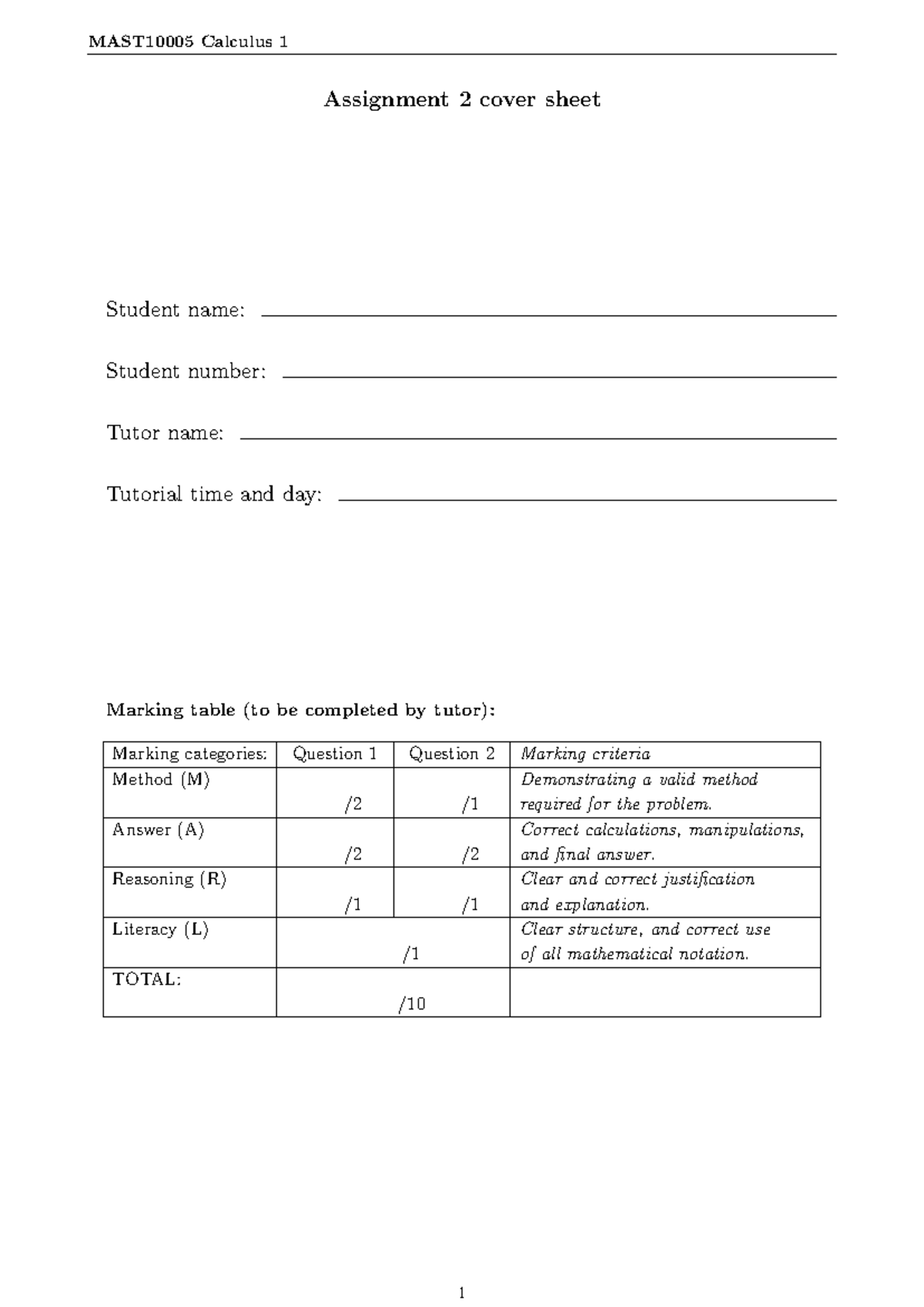 Calculus 1 Assignment 2 - Calculus 1 Assignment 2 cover sheet Student ...