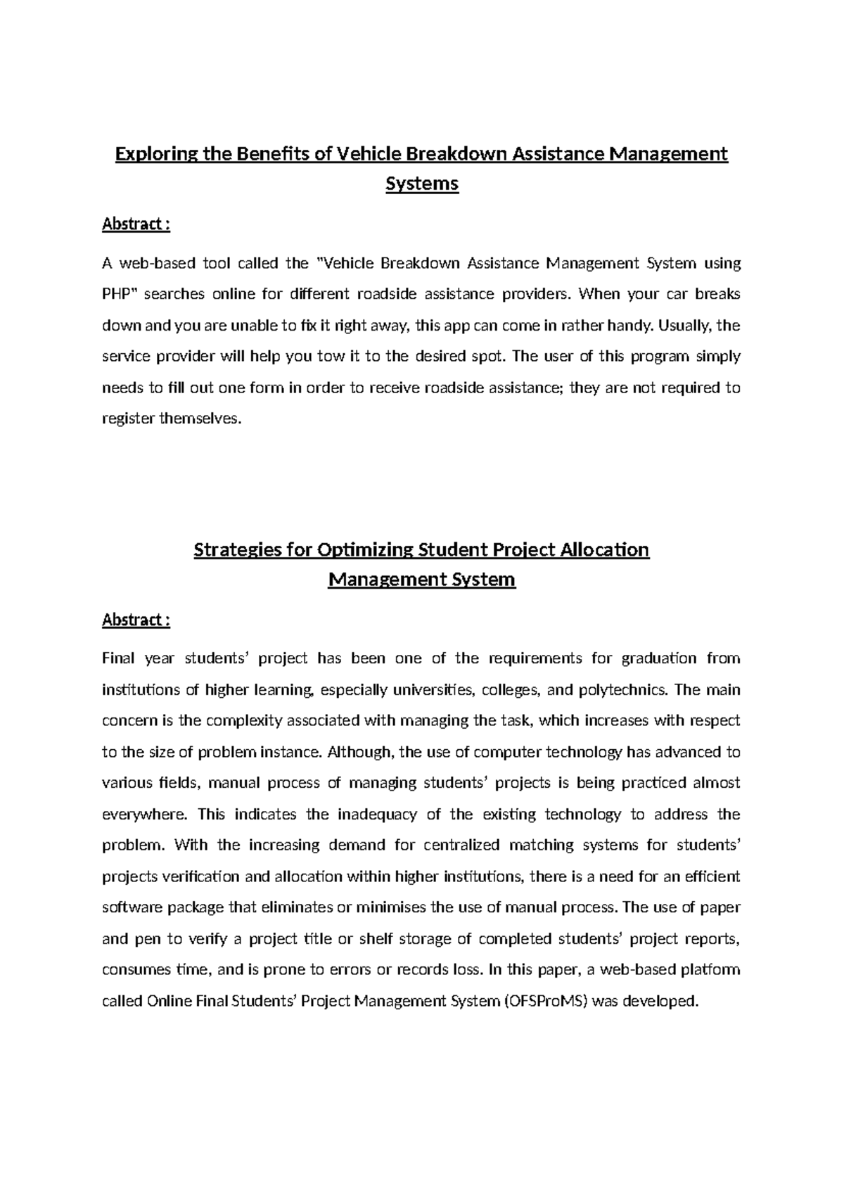 Abstract and title - Exploring the Benefits of Vehicle Breakdown ...