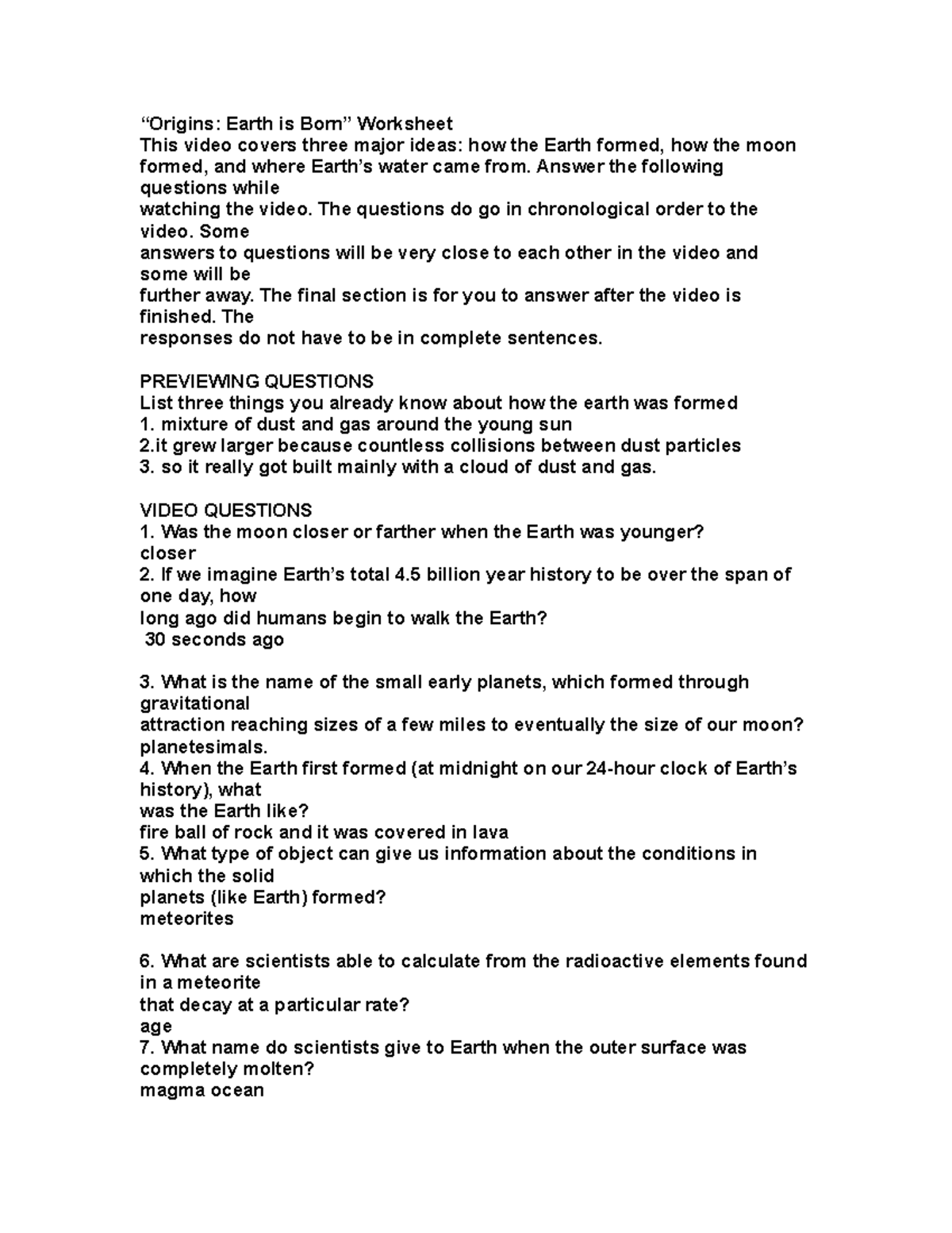 Origins-Earthis Born 1 - “Origins: Earth is Born” Worksheet This video ...