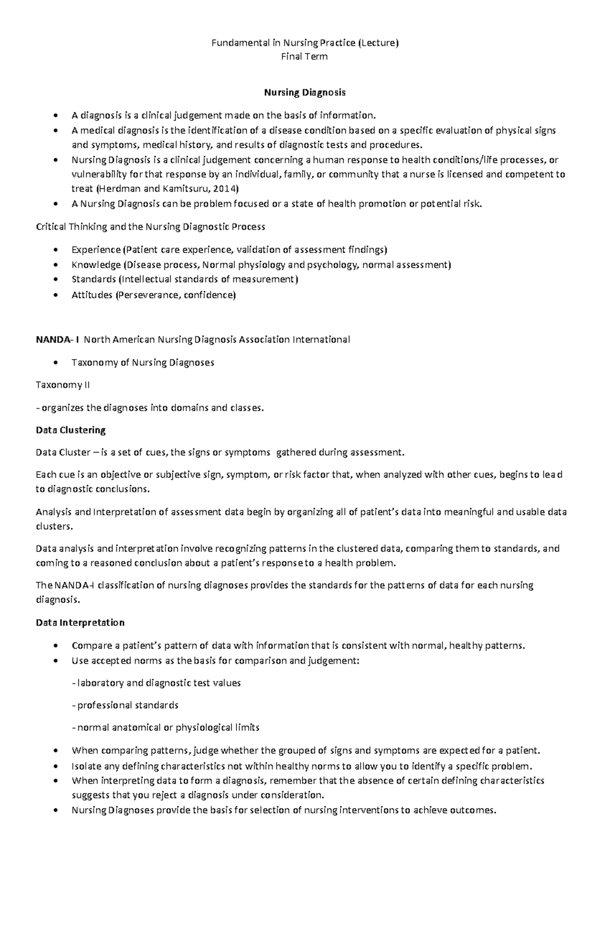 Outline Lecture Final Term - Fundamental in Nursing Practice (Lecture ...