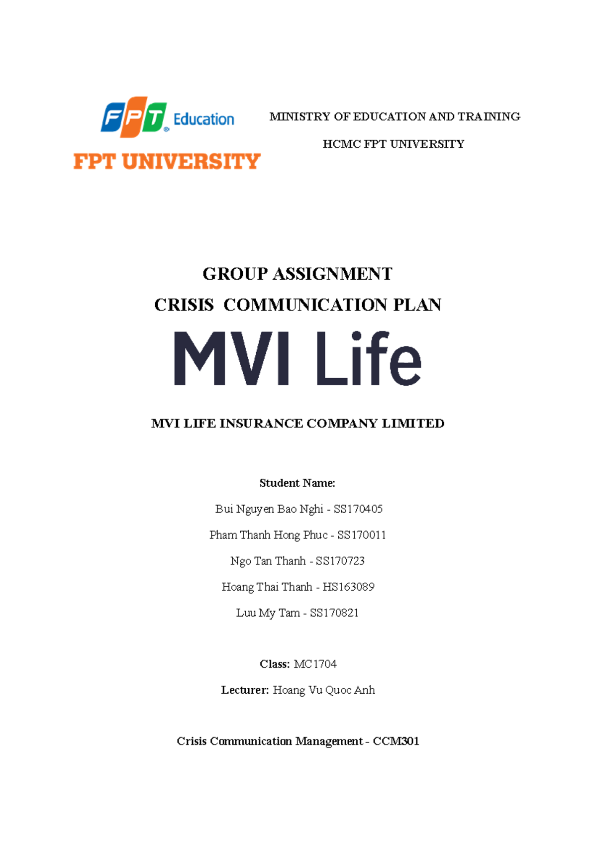 CCM301 - MC1704 - MVI Life - Crisis Management AND Communication PLAN ...