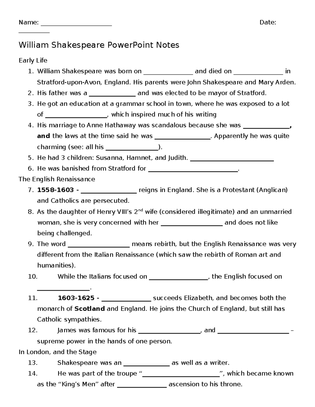 Shakespeare PPTnotes - Name: _______________________ Date: William ...