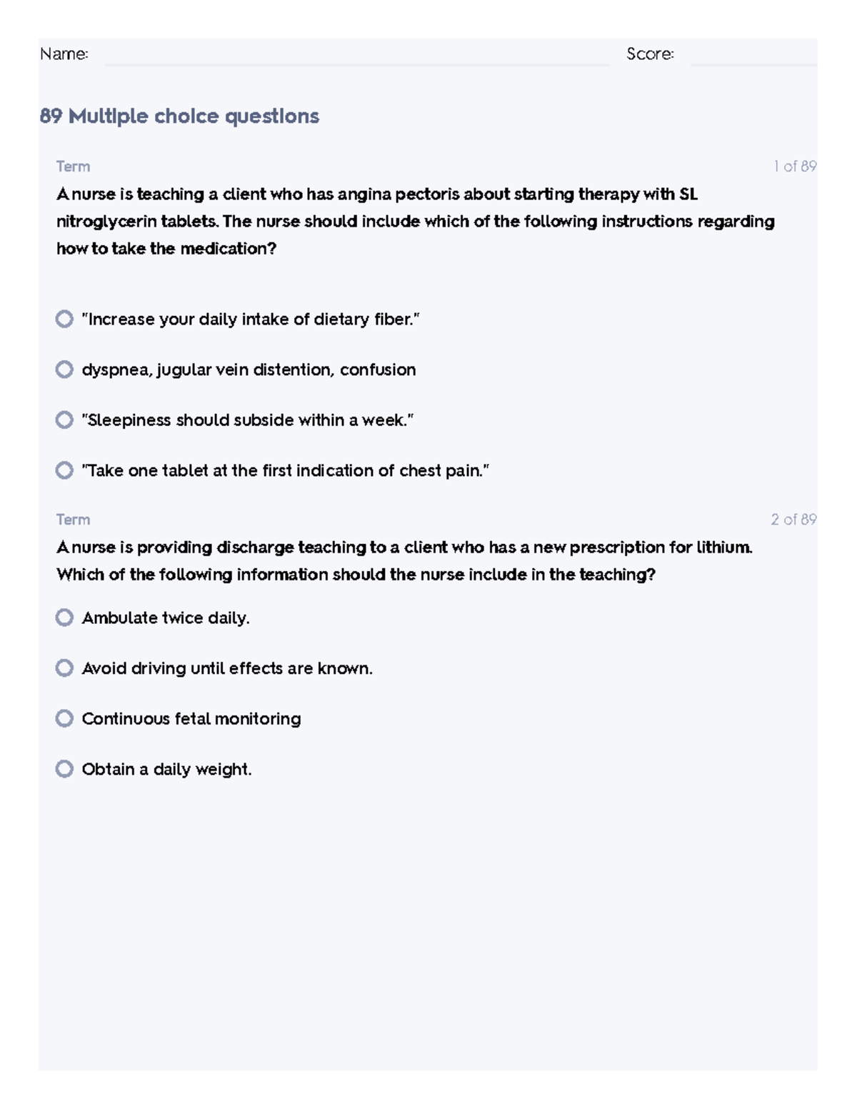 Pharmacology Quizlet - Name: Score: 89 Multiple choice questions Term A ...