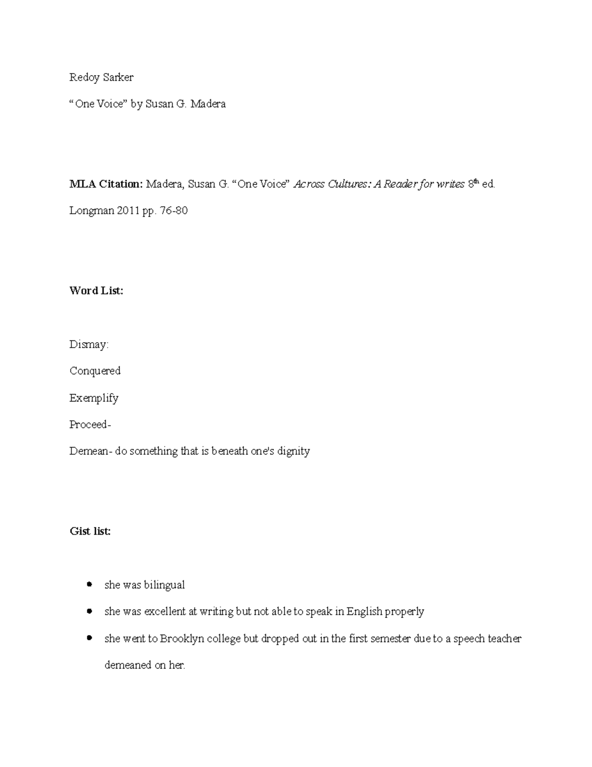 One Voice. - Redoy Sarker “One Voice” by Susan G. Madera MLA Citation ...