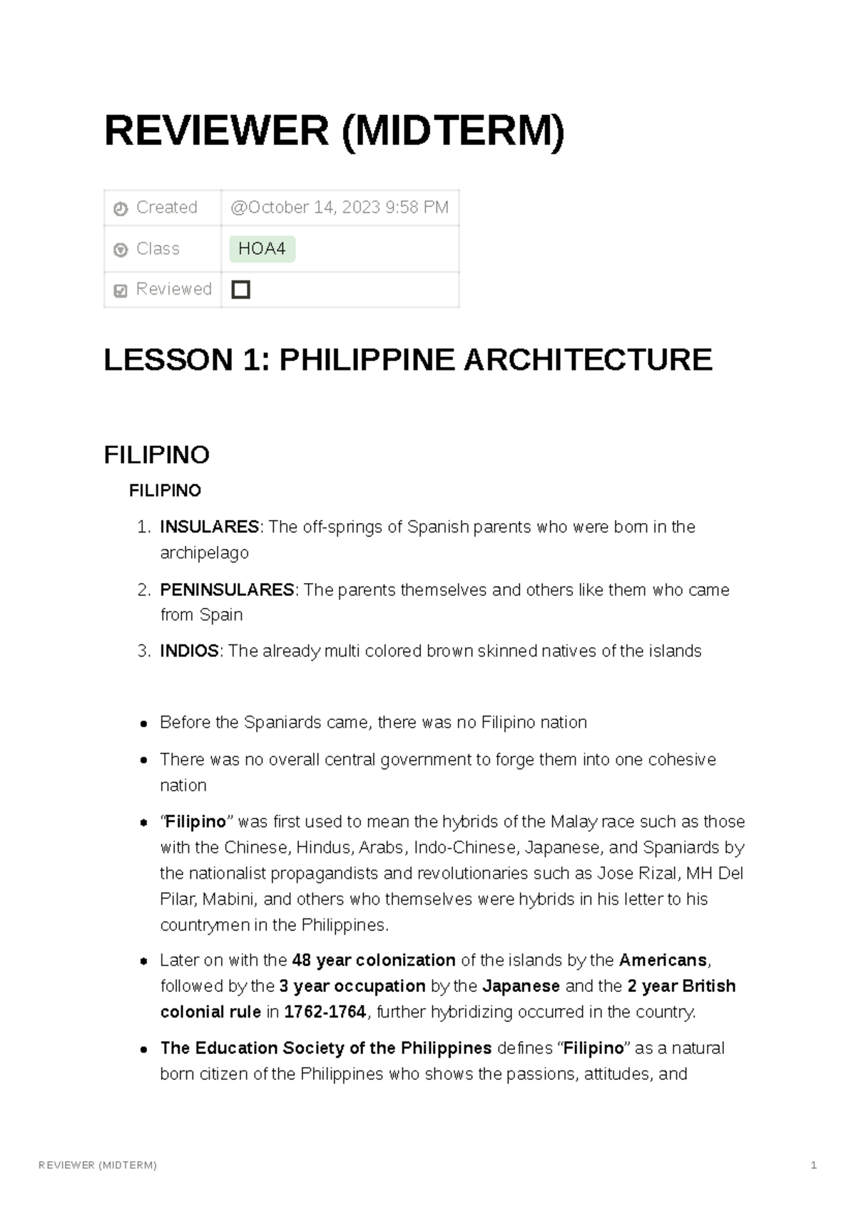 Reviewer-HOA4-MT - Philippine Architecture - REVIEWER (MIDTERM) Created Class HOA Reviewed ...