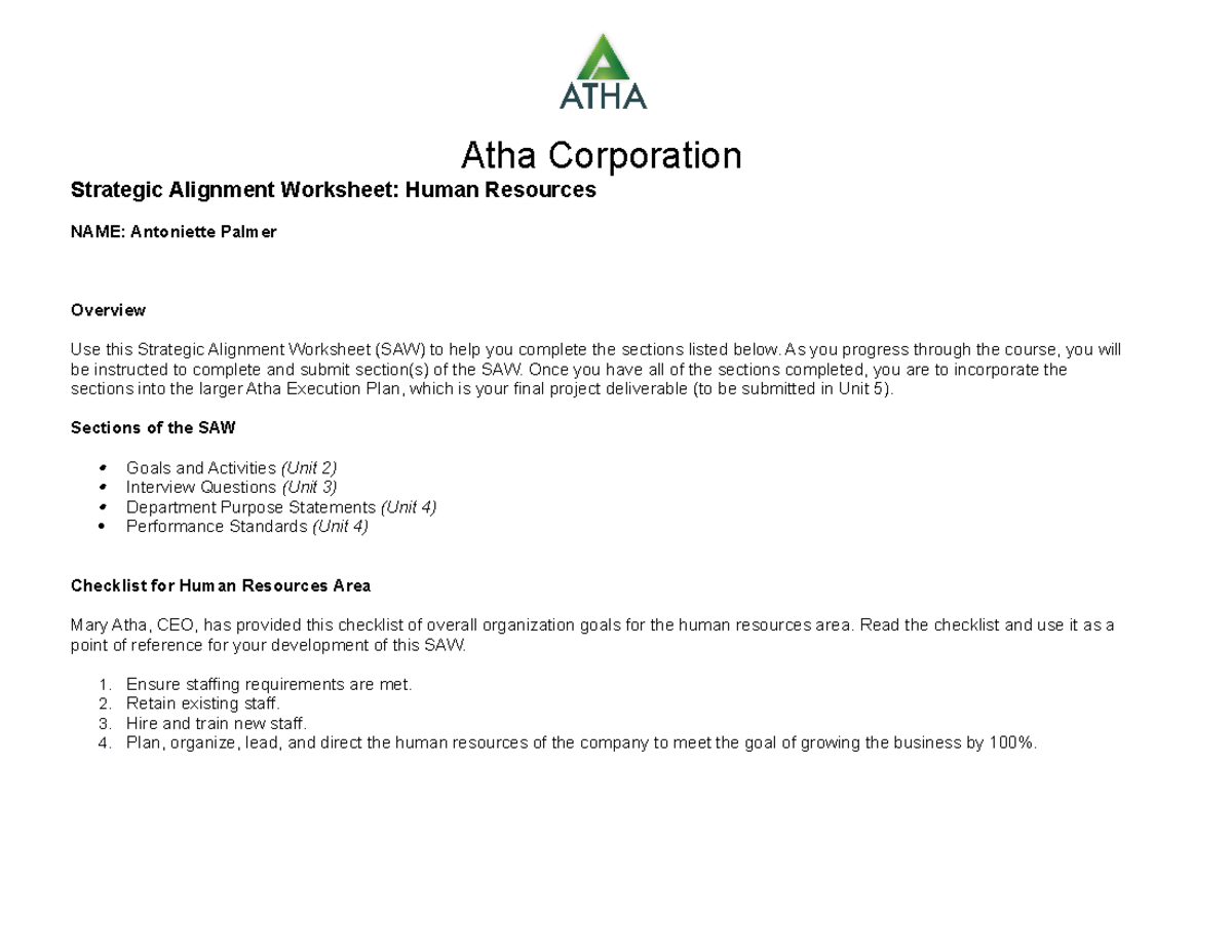 Cf human resources strategic alignment worksheet SAW - Atha Corporation ...