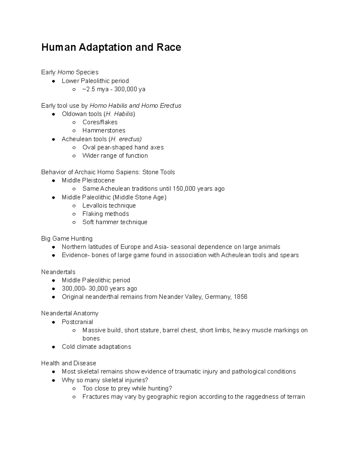 Human Adaptation and Race - Human Adaptation and Race Early Homo ...