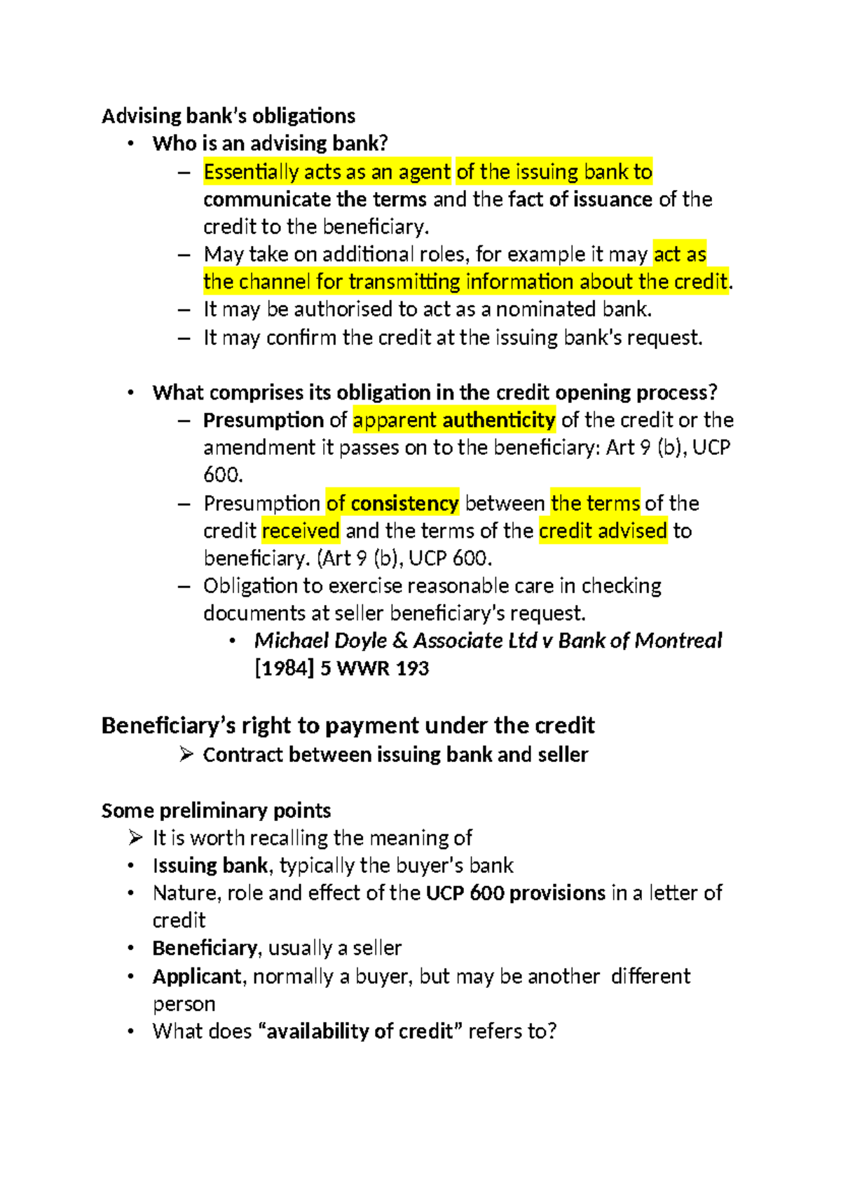 Letter of credit notes - Advising bank’s obligations - Who is an ...