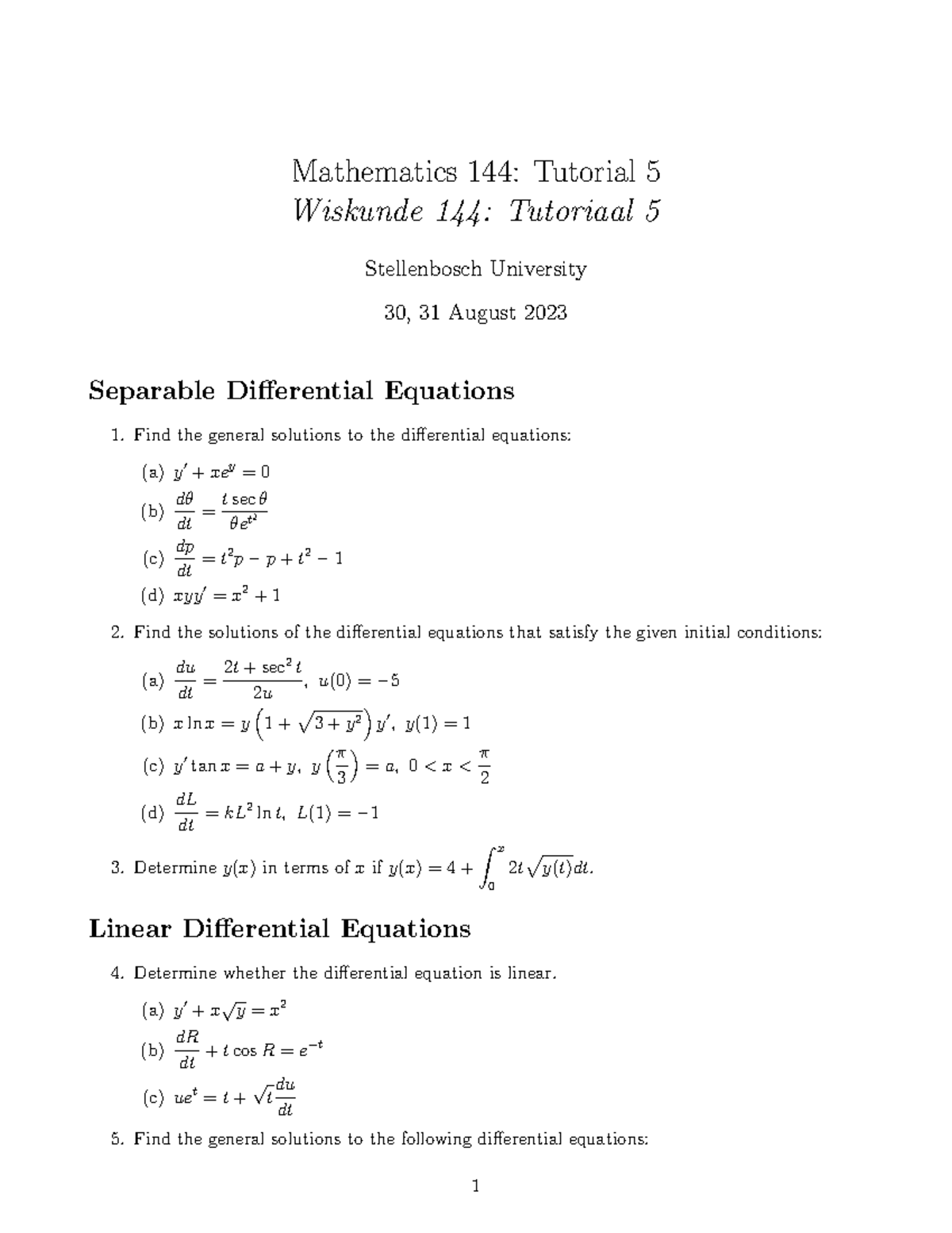 Maths 144 Tutorial 5 - Mathematics 144: Tutorial 5 Wiskunde 144: Tutoriaal 5 Stellenbosch ...