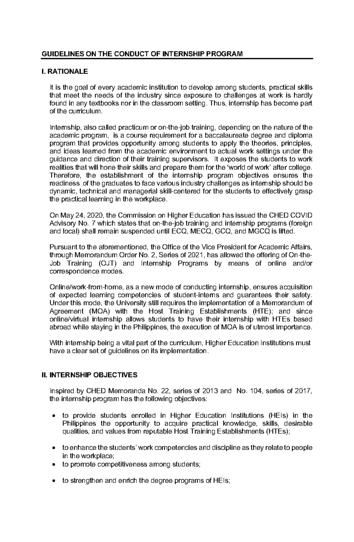 Guidelines ON THE Conduct OF Internship Program - GUIDELINES ON THE ...