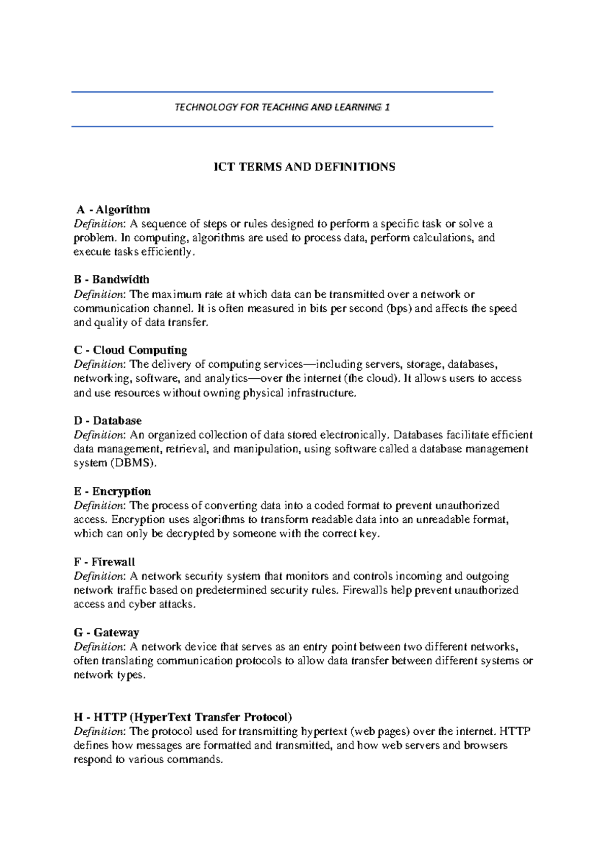 ICT TERMS AND DEFINITIONS - In computing, algorithms are used to ...