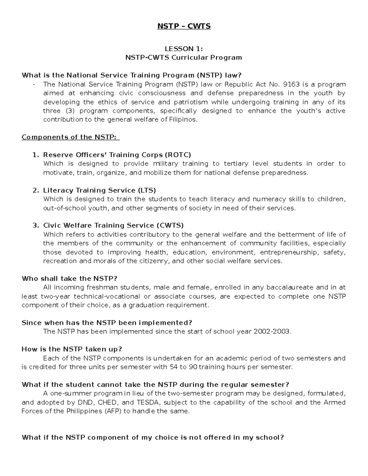 NSTP-CWTS - Plss - NSTP – CWTS LESSON 1: NSTP-CWTS Curricular Program ...