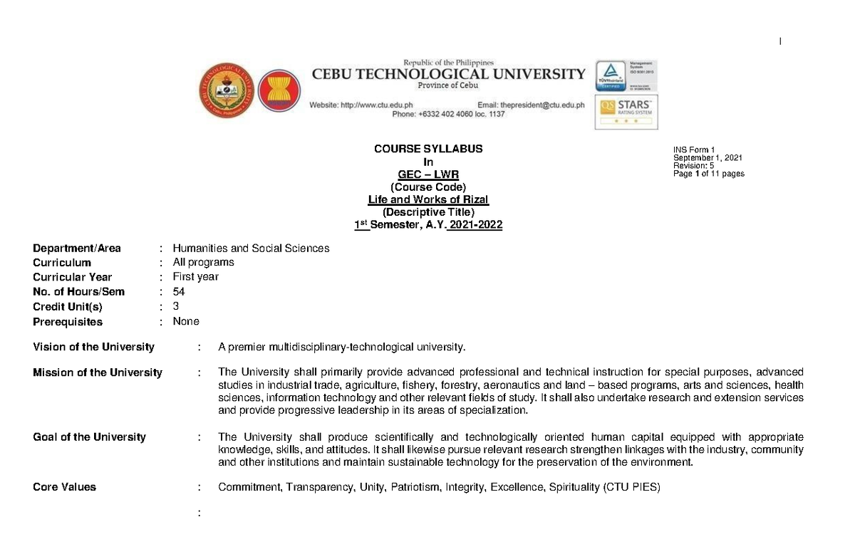 GEC-LWR-Syllabus-Revision-2021 - COURSE SYLLABUS In GEC – LWR (Course Code) Life and Works of ...