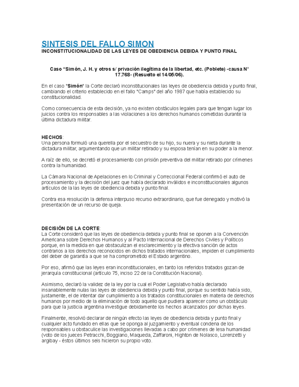 Sintesis DEL Fallo Simon - SINTESIS DEL FALLO SIMON ...