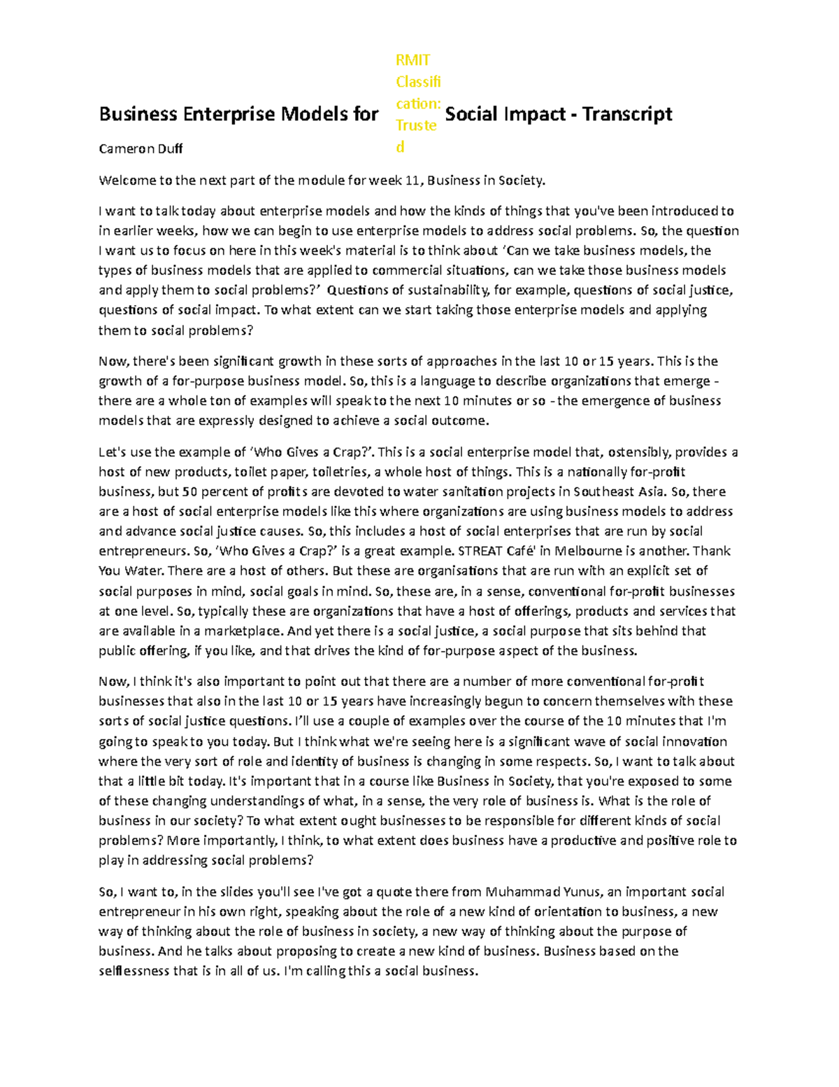 Week 11 Part 1 transcript Cameron Duff - Business Enterprise Models for ...