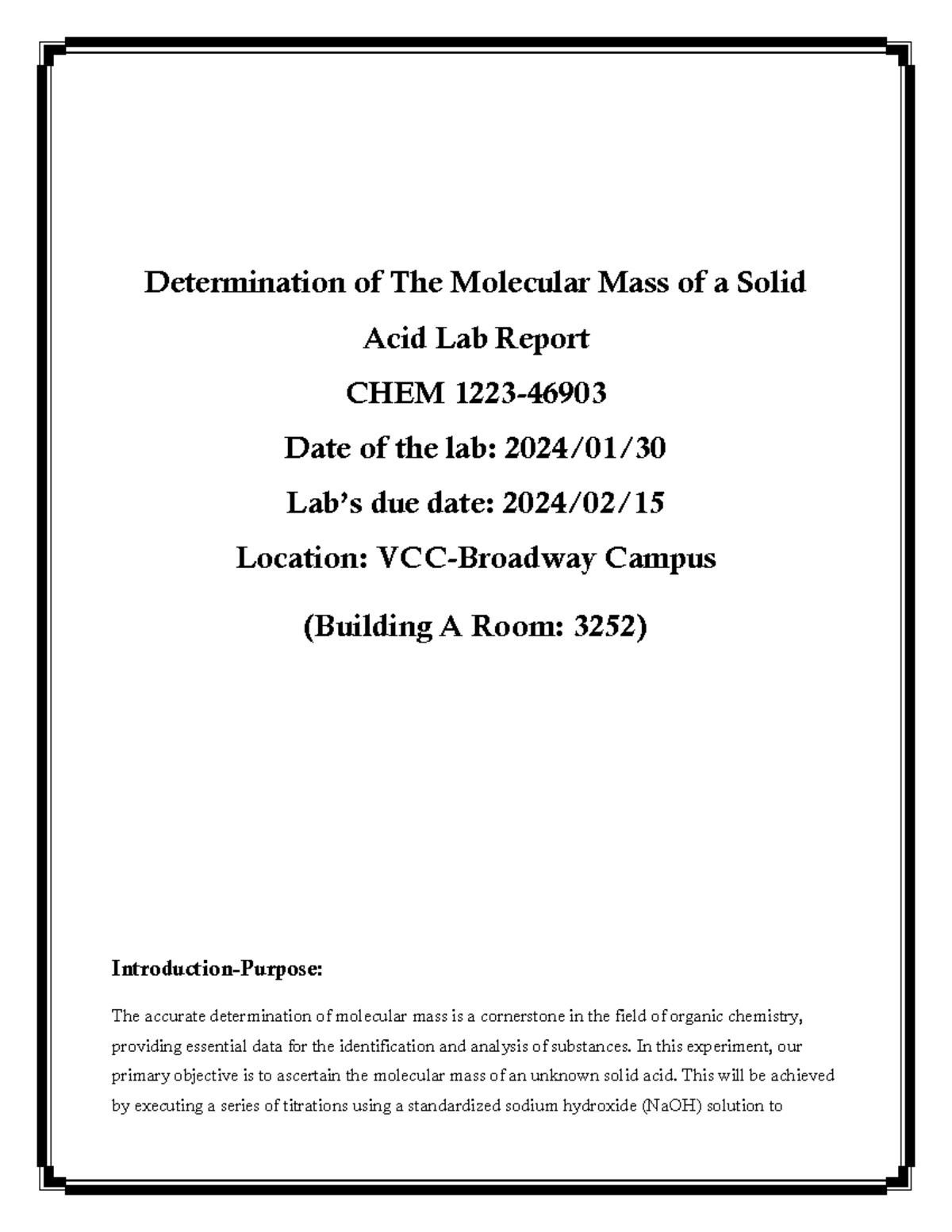 Determination of The Molecular Mass of a Solid Acid Lab Report - In ...