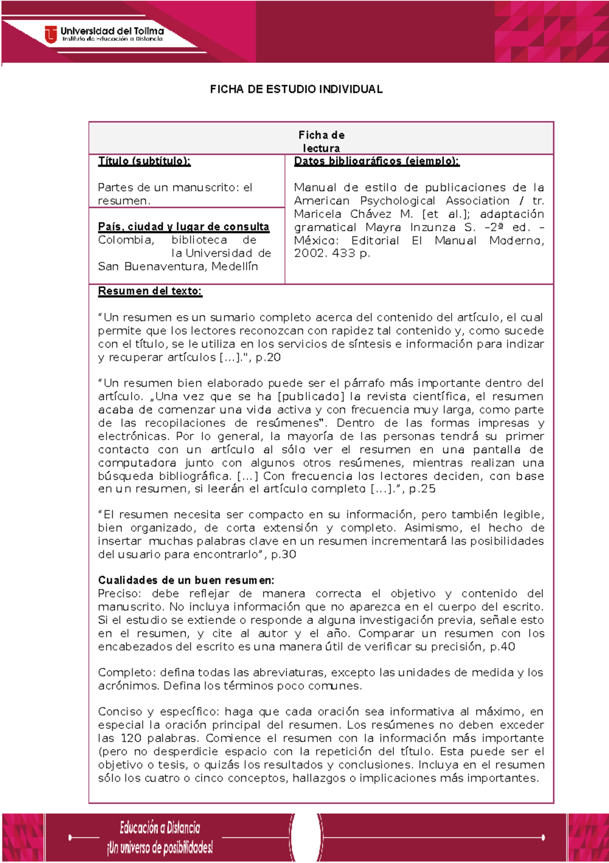 Formato Ficha DE Estudio - FICHA DE ESTUDIO INDIVIDUAL Ficha de lectura ...