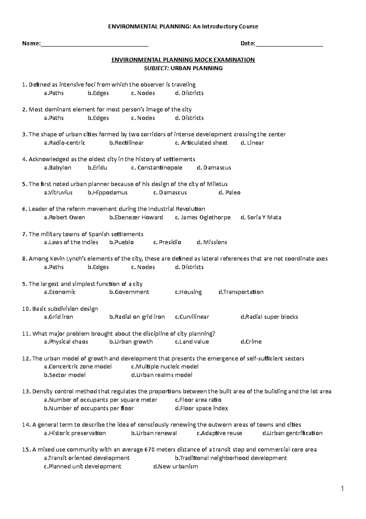 3-30-16 Mock Exam Quest 50 items - ENVIRONMENTAL PLANNING: An ...