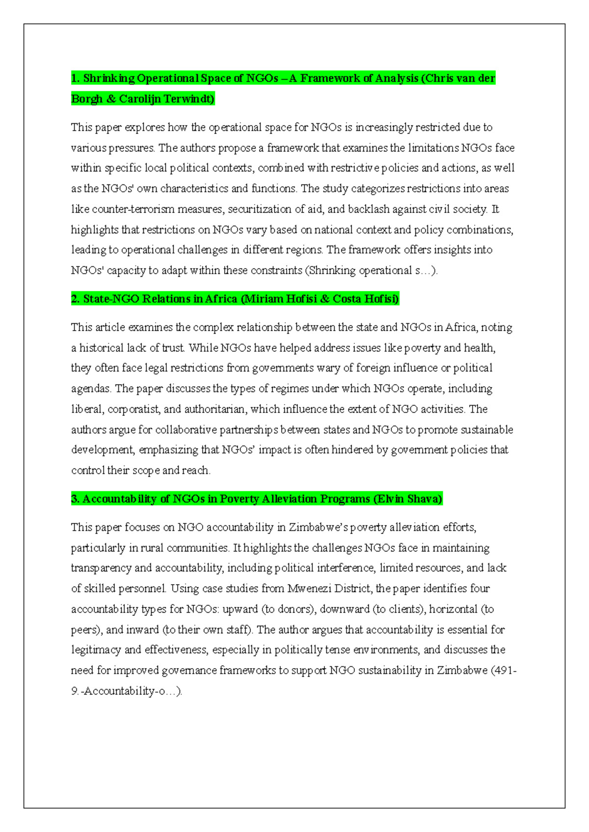 Summaries OF 4 Readings - Shrinking Operational Space of NGOs – A ...