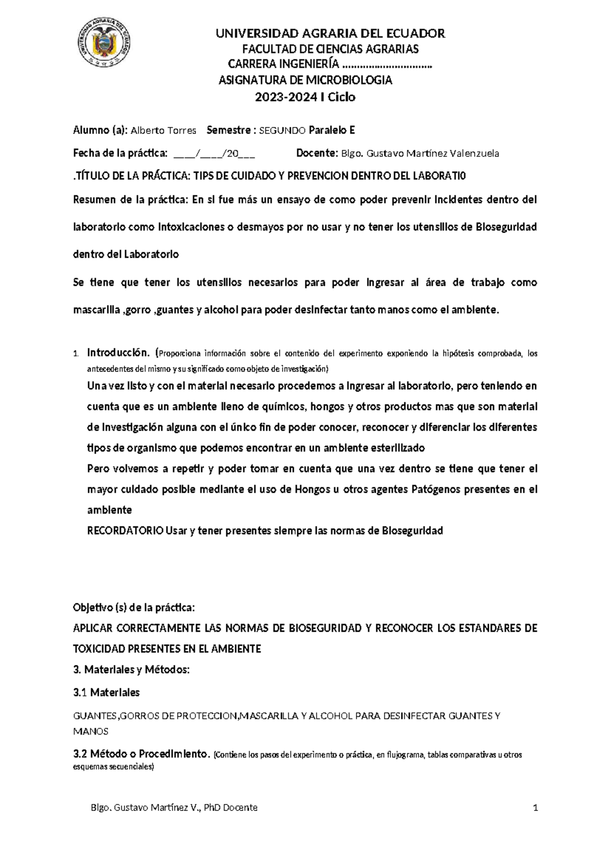 Modelo DE Informe DE PRÁ Ctica DE Laboratorio 2 - FACULTAD DE CIENCIAS AGRARIAS CARRERA ...