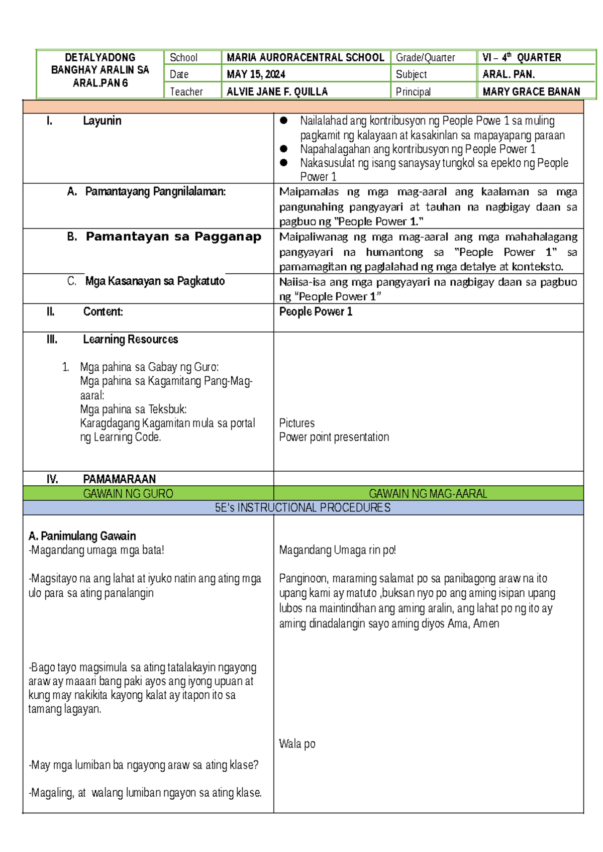 ARAL-PAN People- Power-1 Lesson Plan-1 - DETALYADONG BANGHAY ARALIN SA ...