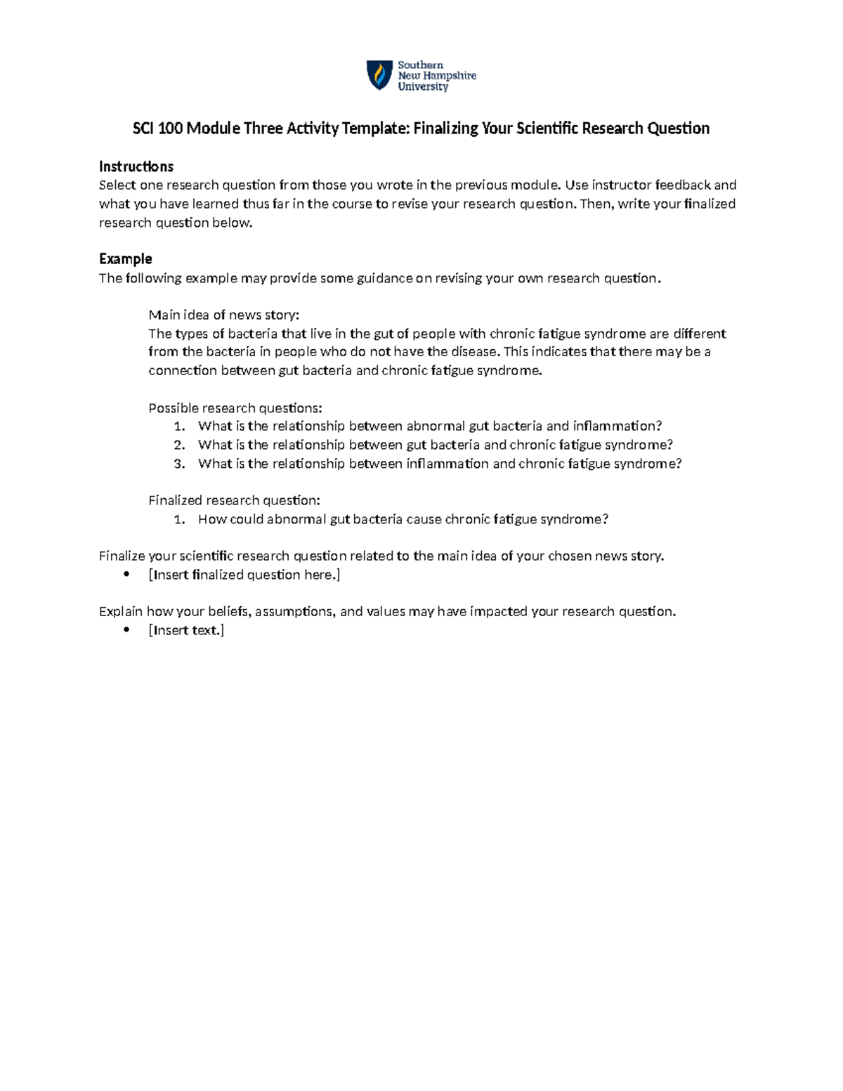 SCI 100 Module Three Activity Template - Use instructor feedback and what you have learned thus ...