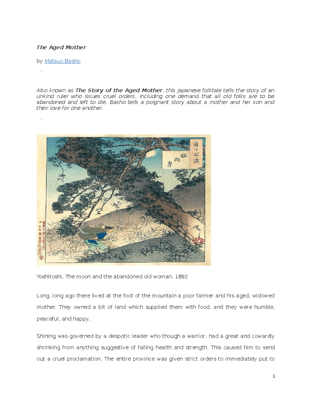 The Aged Mother - major in English - The Aged Mother by Matsuo Basho ...