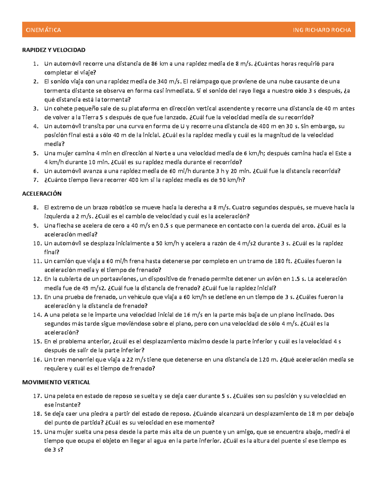 Cinematica por secciones - CINEMÁTICA ING RICHARD ROCHA RAPIDEZ Y ...