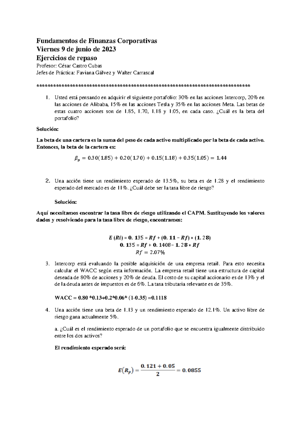 Ejercicios de repaso PC3 - Fundamentos de Finanzas Corporativas Viernes 9 de junio de 2023 - Studocu
