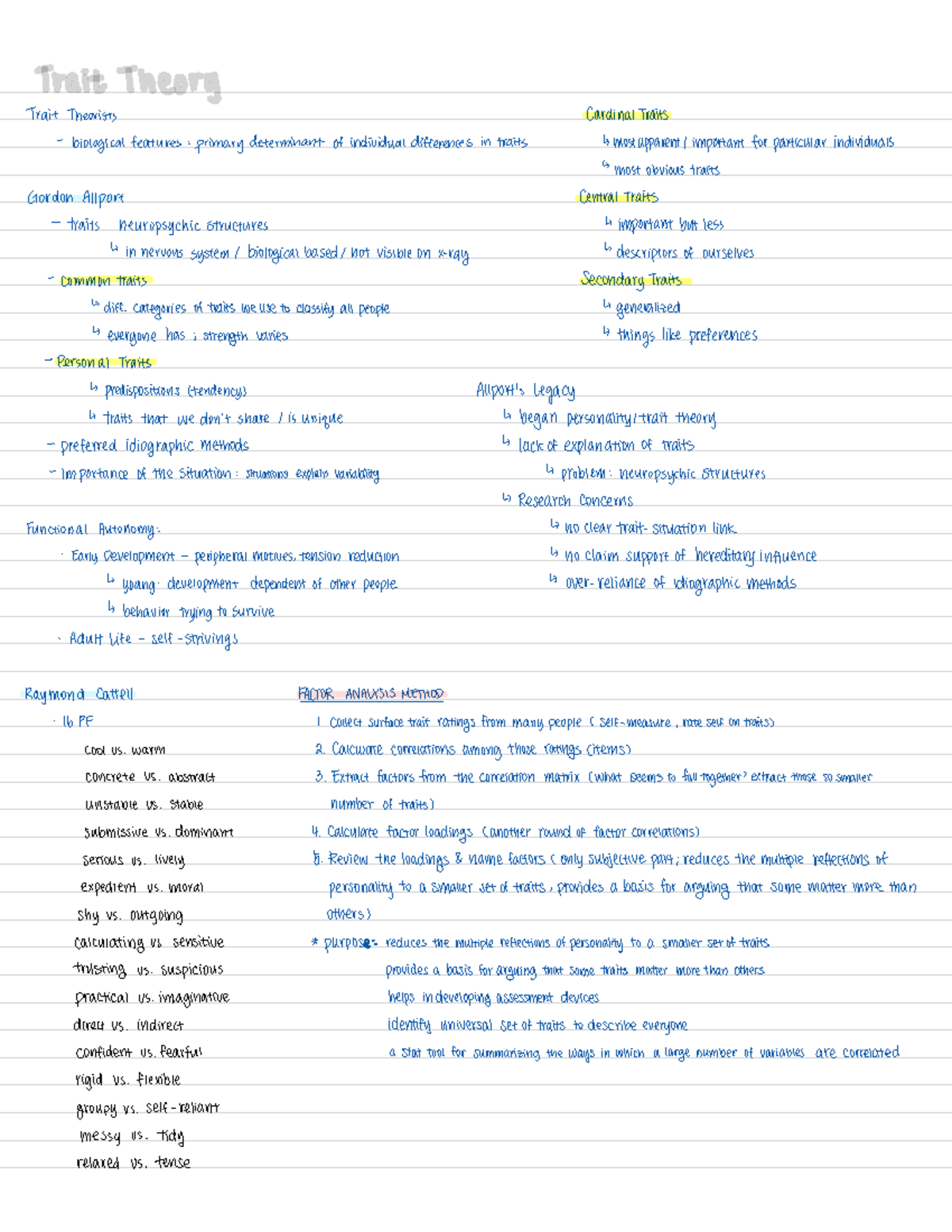 Exam 3 summary notes - TraitTheorists Cardinal Traits ...