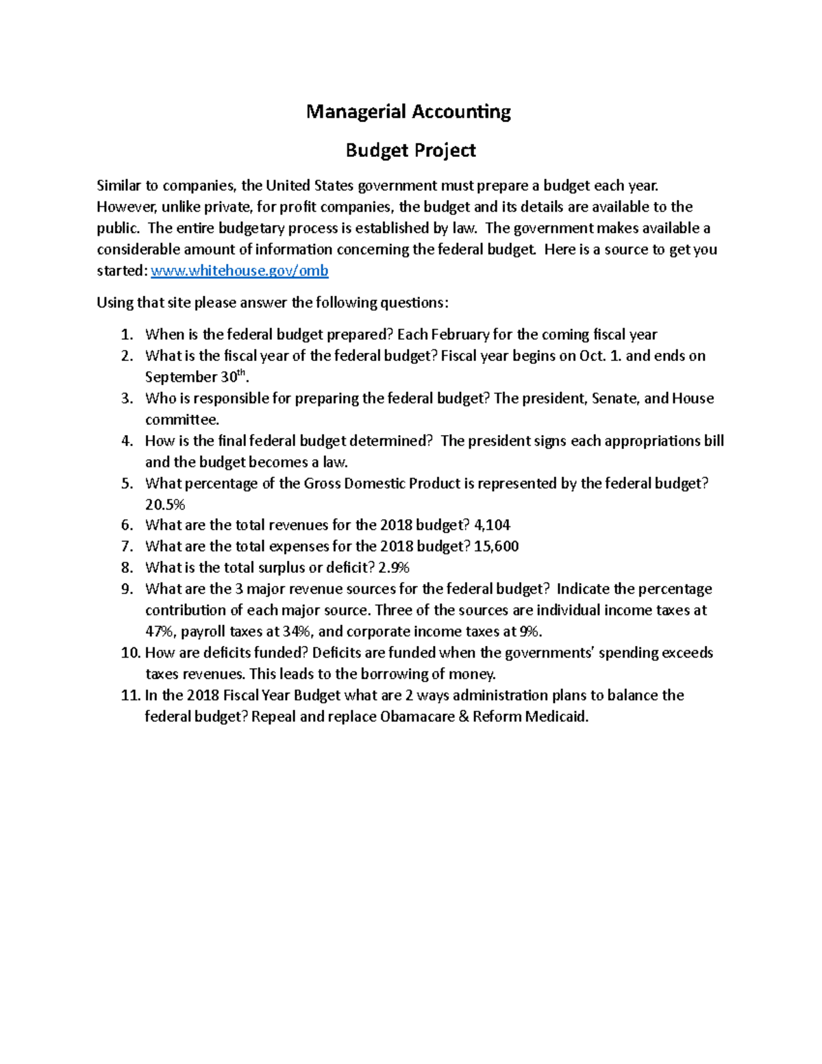 Managerial budget project - Managerial Accounting Budget Project ...