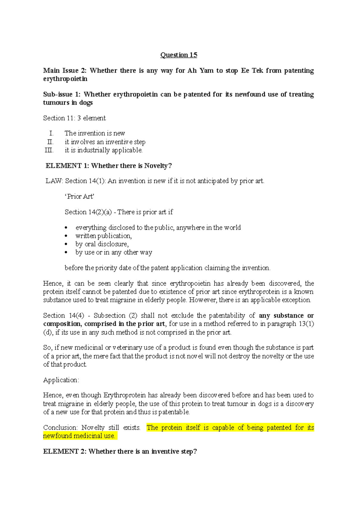 Question 15 - Patent (IP) - Introduction to Intellectual Property - Studocu