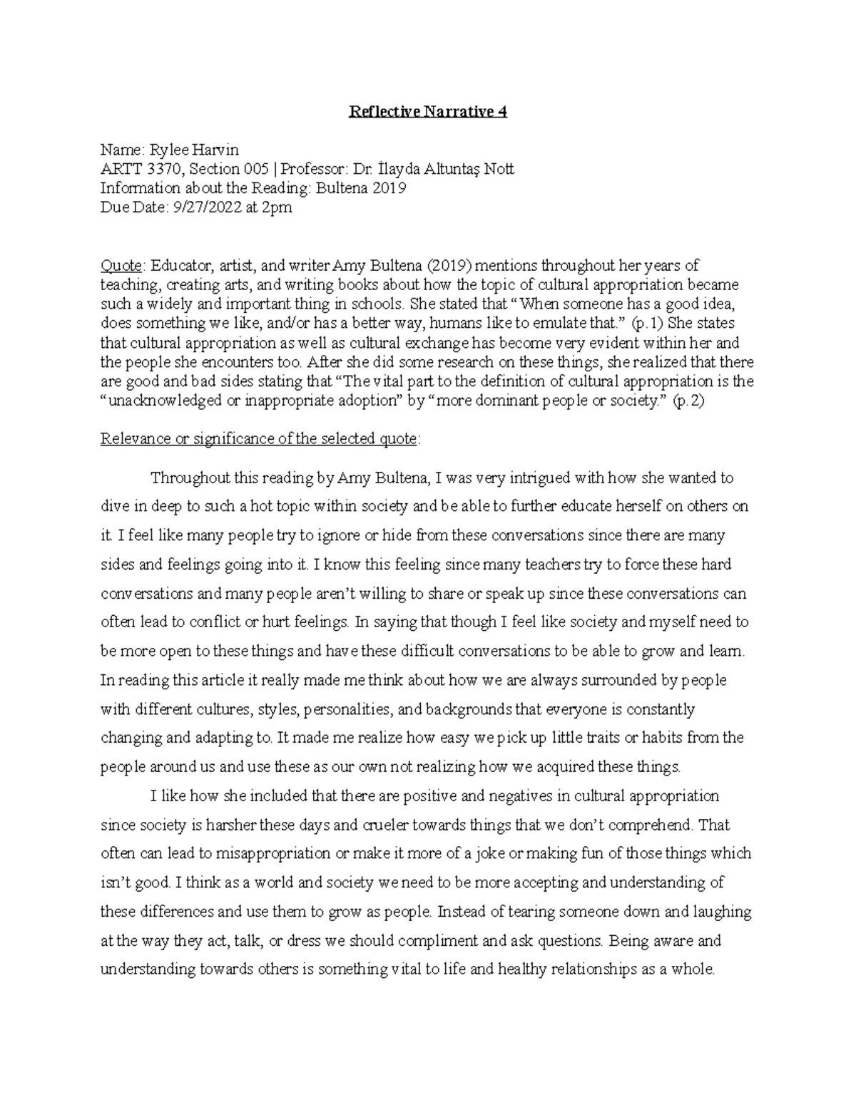 Rn 4 - essay - Reflective Narrative 4 Name: Rylee Harvin ARTT 3370 ...