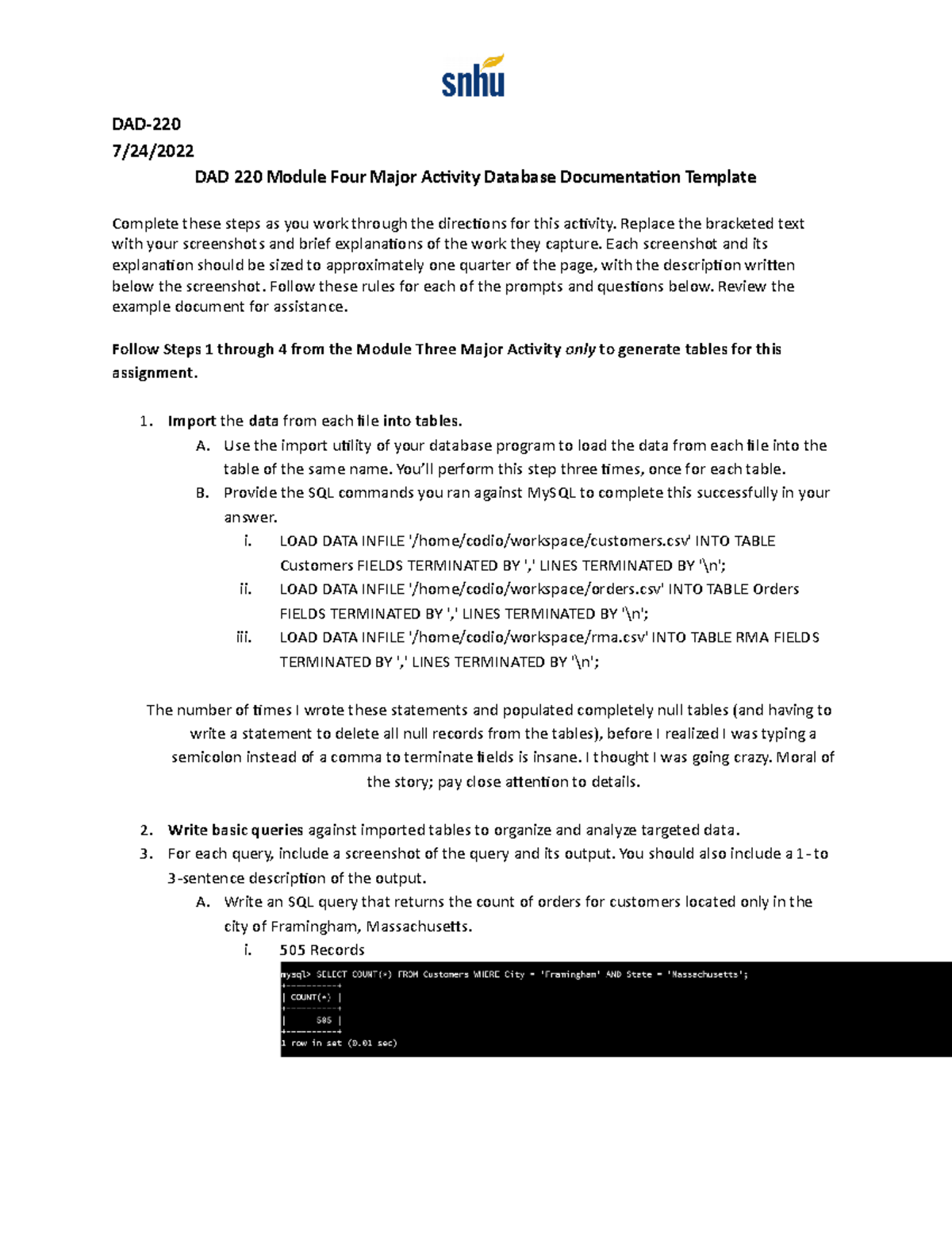 Module Four Activity - DAD- 7/24/ DAD 220 Module Four Major Activity ...