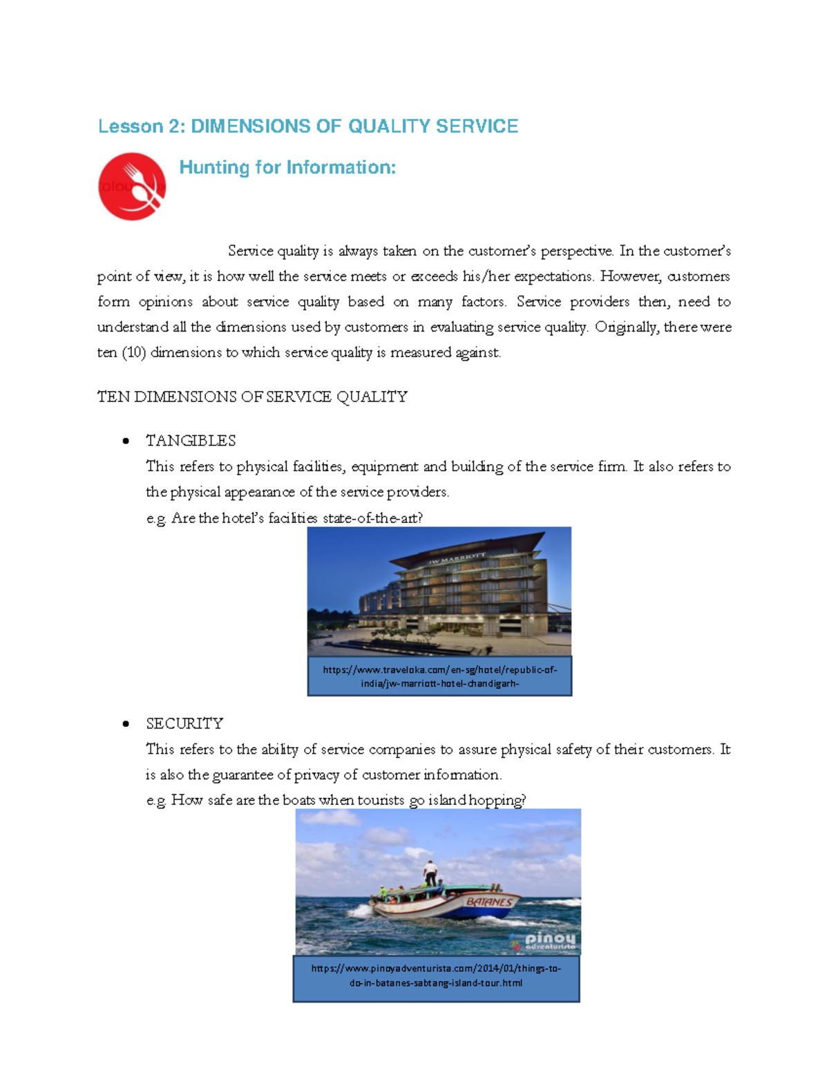 Lesson 2 dimensions of quality service - Lesson 2: DIMENSIONS OF ...