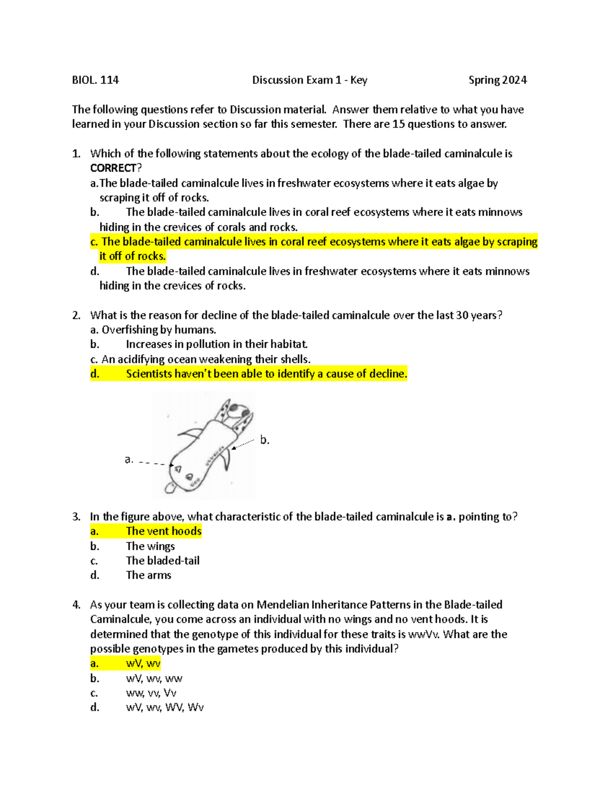 Discussion Exam 1 - Student Key - BIOL. 114 Discussion Exam 1 - Key ...