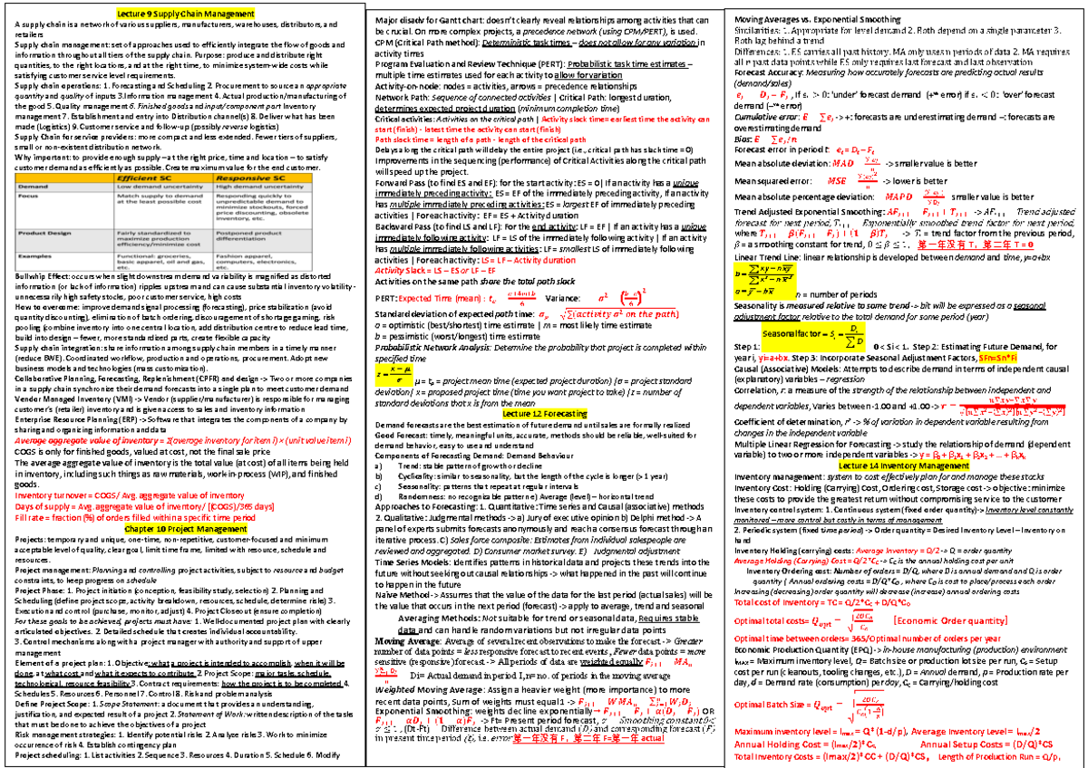 Final Cheat Sheet 2 - .... - Lecture 9 Supply Chain Management A supply chain is a network of ...