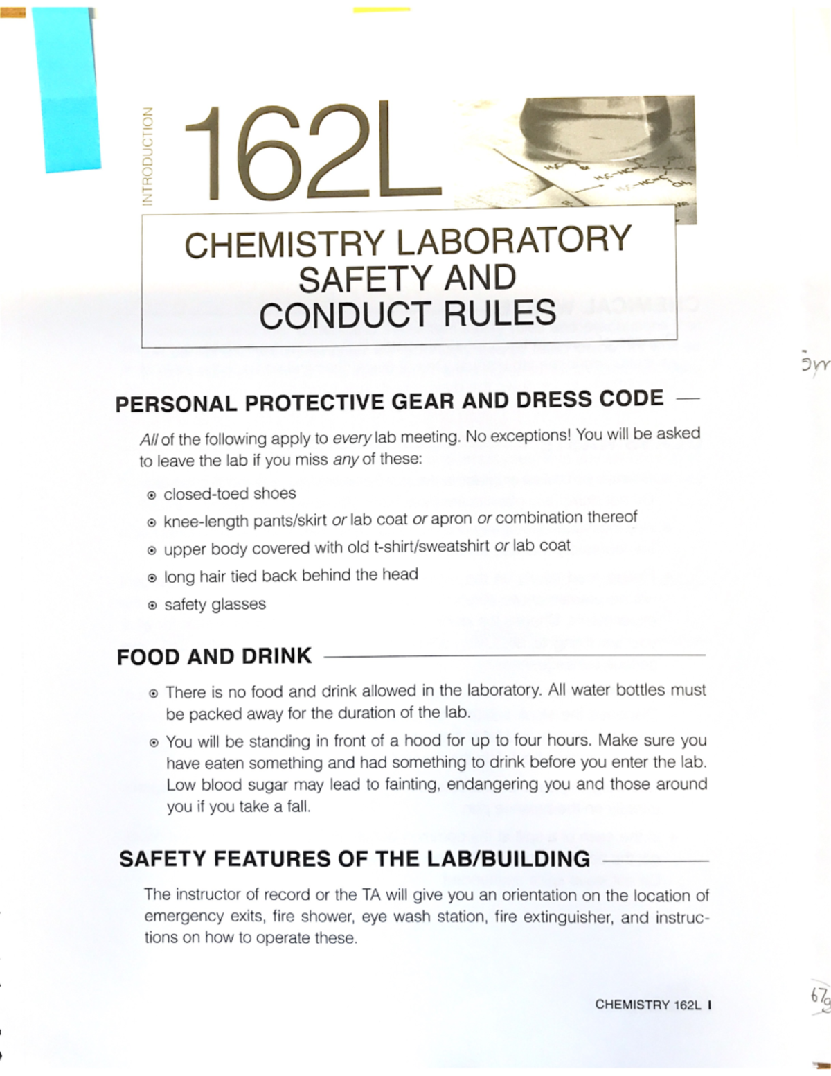 Lab 1 Chem 162 Chem 162 Lab Manual For Lab 1 162 Chemistry Laboratory Safety And Conduct