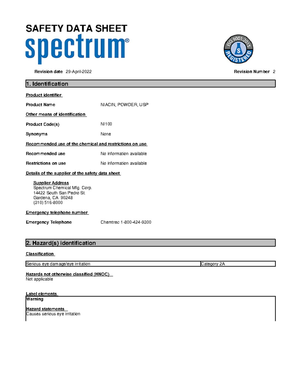 Niancin Spectrum 2022 - SDS - SAFETY DATA SHEET Revision date 29-April ...