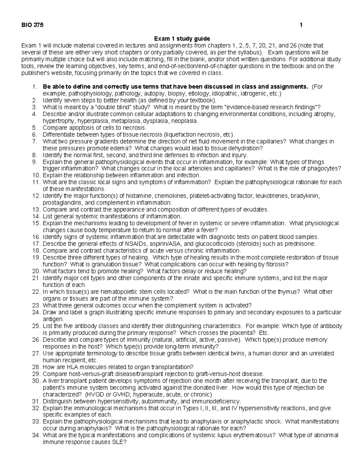 Exam 1 study guide - Spring exam 1 terms and questions - BIO 375 1 Exam ... Exam 1 study guide - Spring exam 1 terms and questions - BIO 375 1 Exam ...