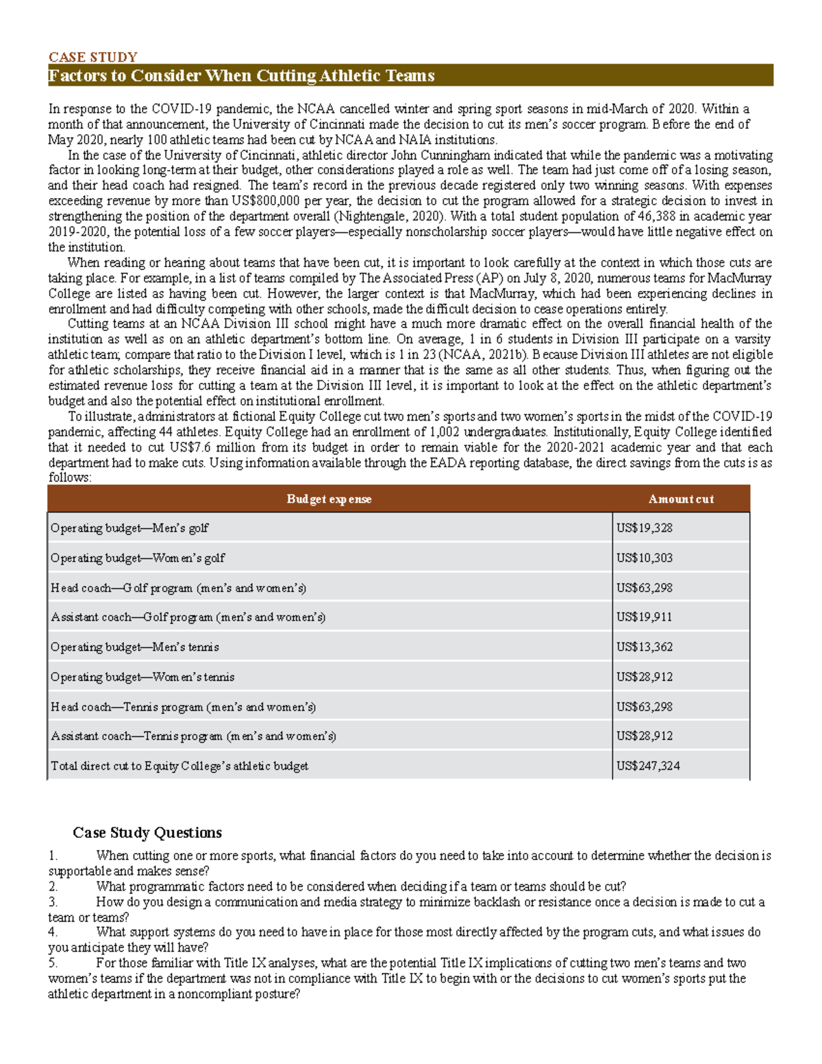 CASE Study Chapter 09 - Factors to consider when cutting athletic teams - CASE STUDY Factors to ...