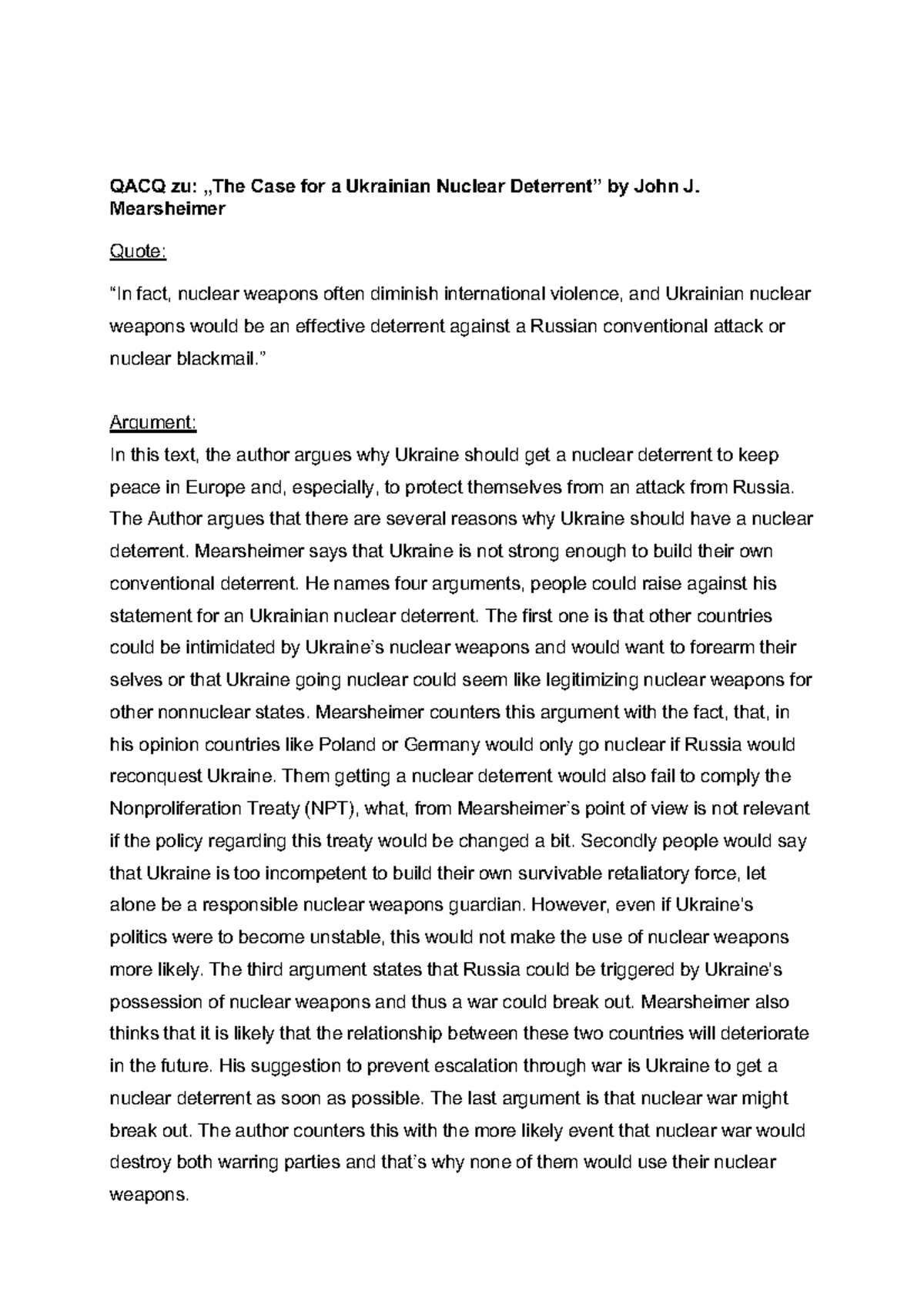 QACQ zu „The Case for a Ukrainian Nuclear Deterrent” by John J ...