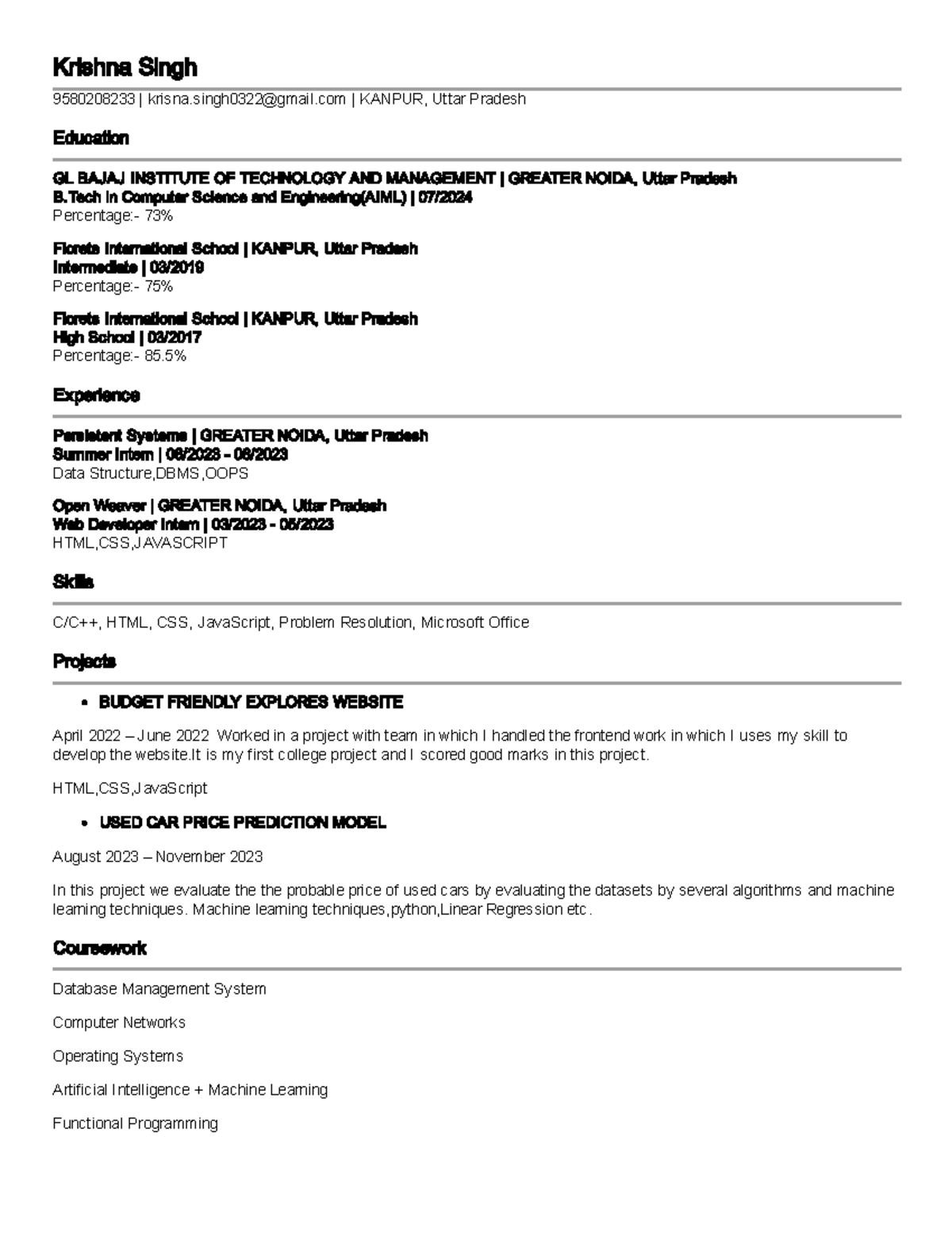 ZZ Resume - good - Education GL BAJAJ INSTITUTE OF TECHNOLOGY AND MANAGEMENT | GREATER NOIDA ...