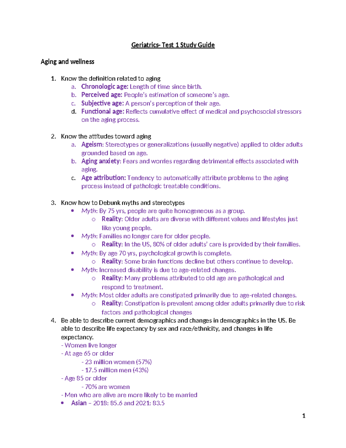 Geriatrics Test 1 Study Guide - Geriatrics- Test 1 Study Guide Aging ...