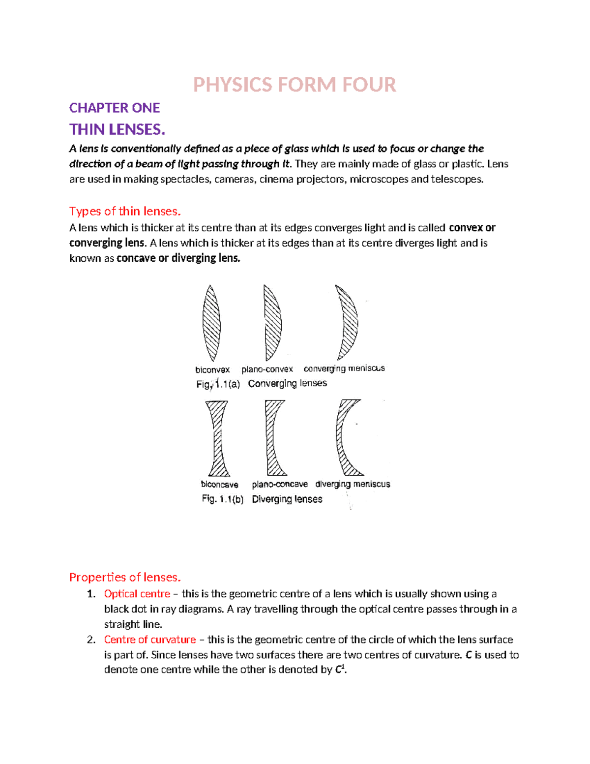 Physics-form-4-notes - PHYSICS FORM FOUR CHAPTER ONE THIN LENSES. A ...