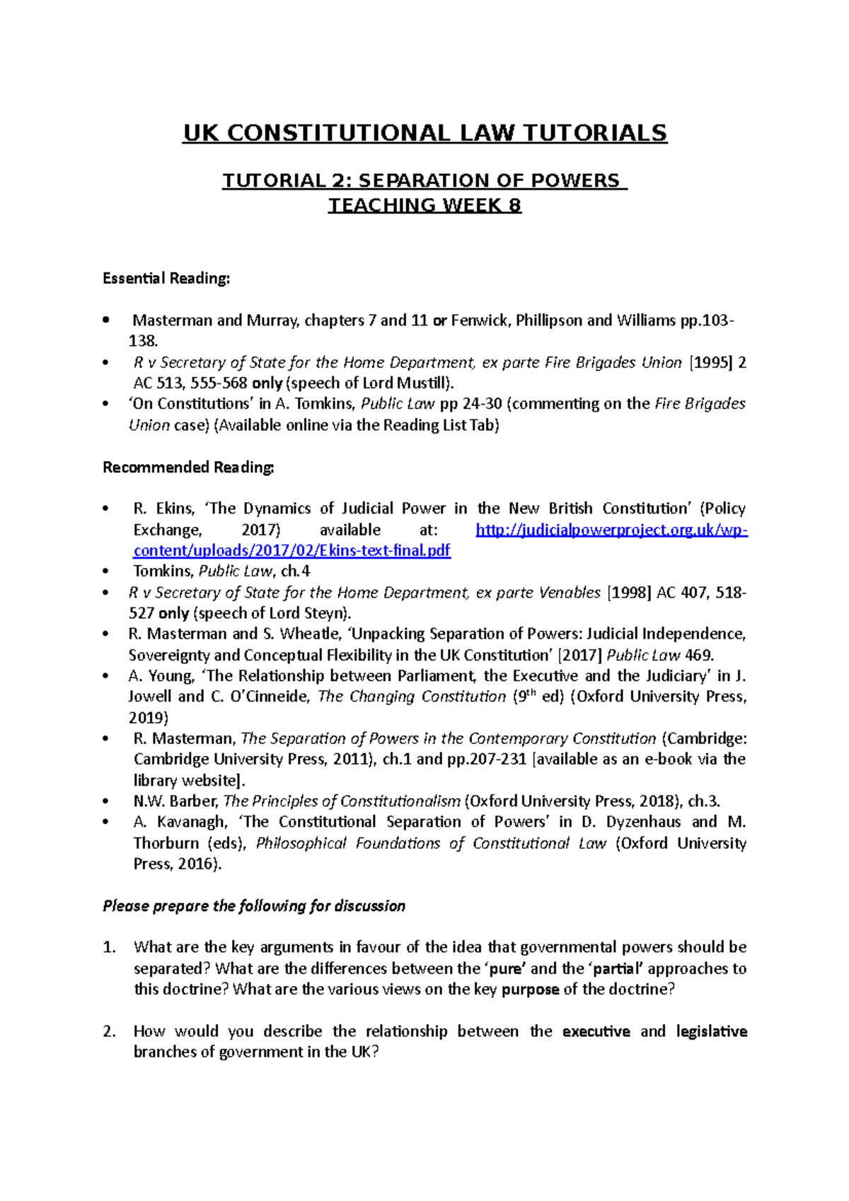 Tutorial 2 - UK CONSTITUTIONAL LAW TUTORIALS TUTORIAL 2: SEPARATION OF ...