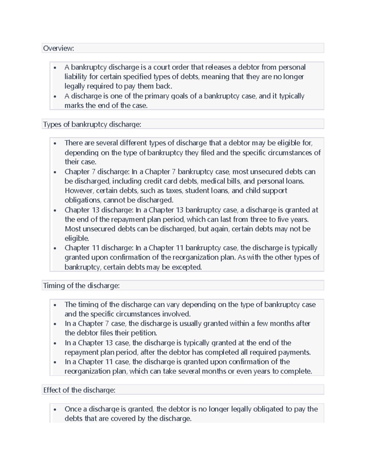Discharge - Notes - Overview: • A bankruptcy discharge is a court order ...