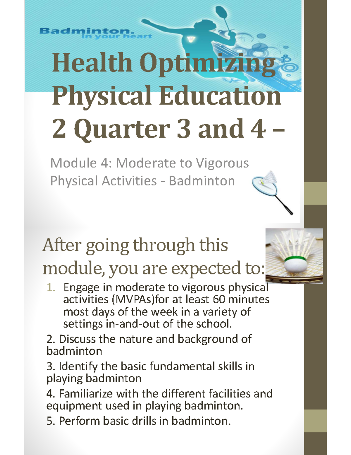 Health Optimizing Physical Education 2 Quarter 3 Badminton - Health ...