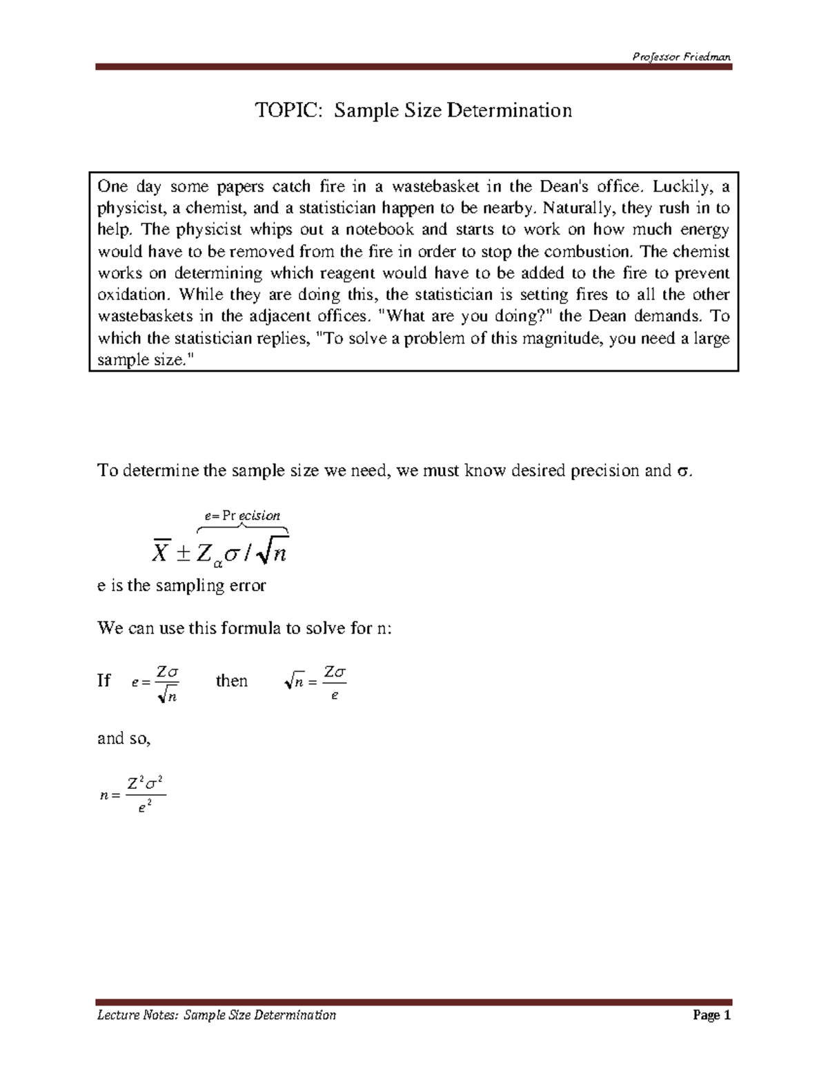 Sample Size - Lecture Notes: Sample Size Determination - Professor ...