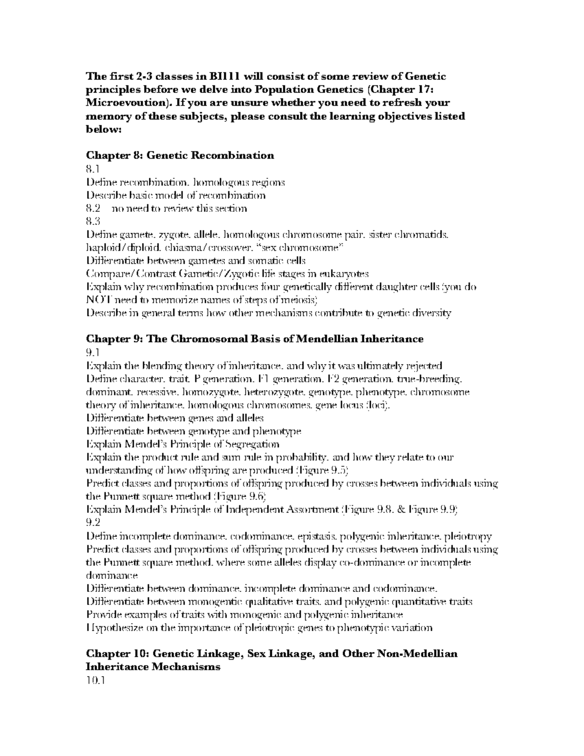 Genetics Review BI111 - The first 2-3 classes in BI111 will consist of ...